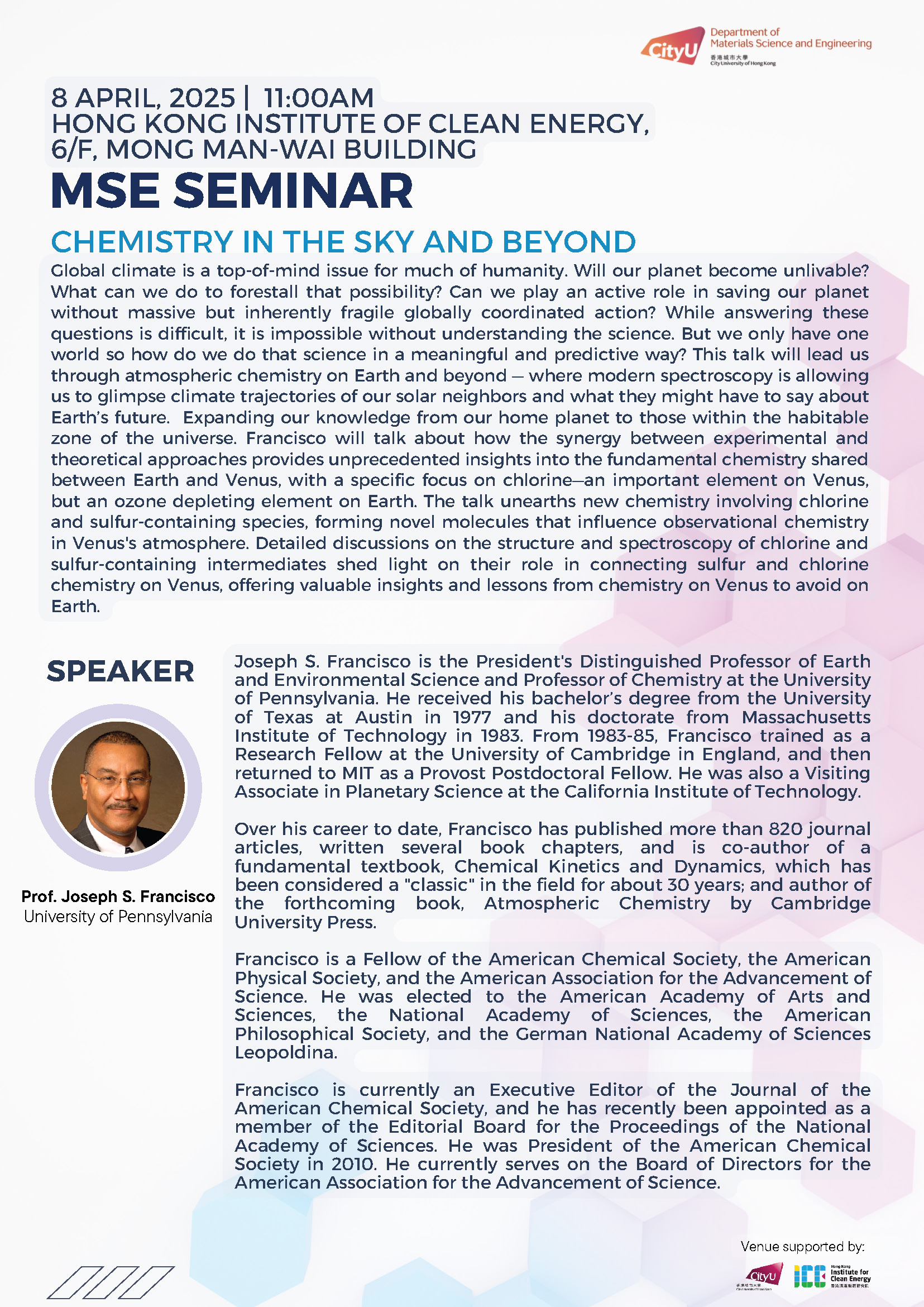 MSE Seminar – Prof. Joseph S. Francisco (8 April 2025) | Department of ...